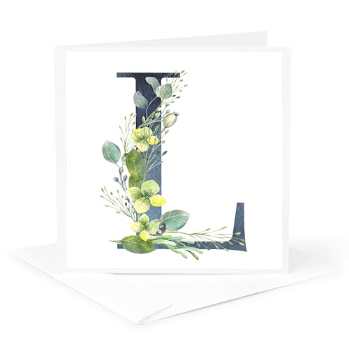3dRose Greeting Card - Blue Monogram Initial L With Pretty Yellow Wild Flowers - Floral Monograms