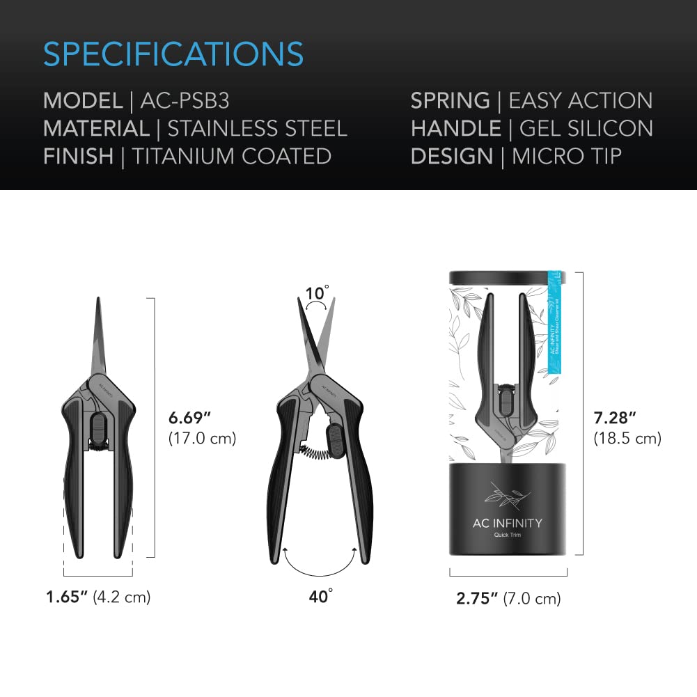 AC Infinity 6.6” Stainless Steel Pruning Shear with Cleaning Kit, Lightweight Ergonomic Design, Nonstick Titanium Coated Blades for Gardening, Hydroponics, Grow Tents