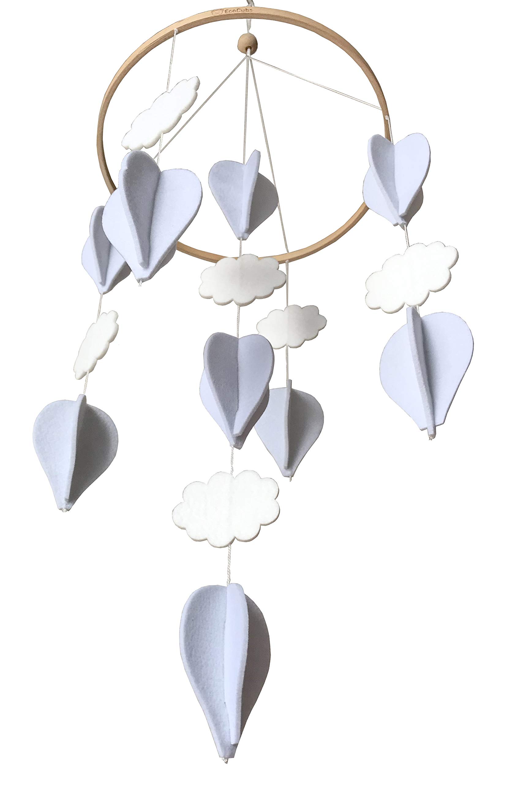 EcoCubs Handmade Baby Crib Mobile | White & Pale Grey | Hot Air Balloons & Clouds | Eco-Friendly Felt & Organic Beech Wood | Gender Neutral Nursery Decor | Simple & Modern Design