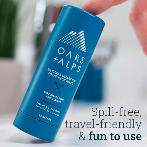 Oars + Alps Face Wash with Activated Charcoal, Valentines Gifts for Him, Dermatologist Tested Exfoliating Facial Cleanser, Travel Size, 1.2 Oz