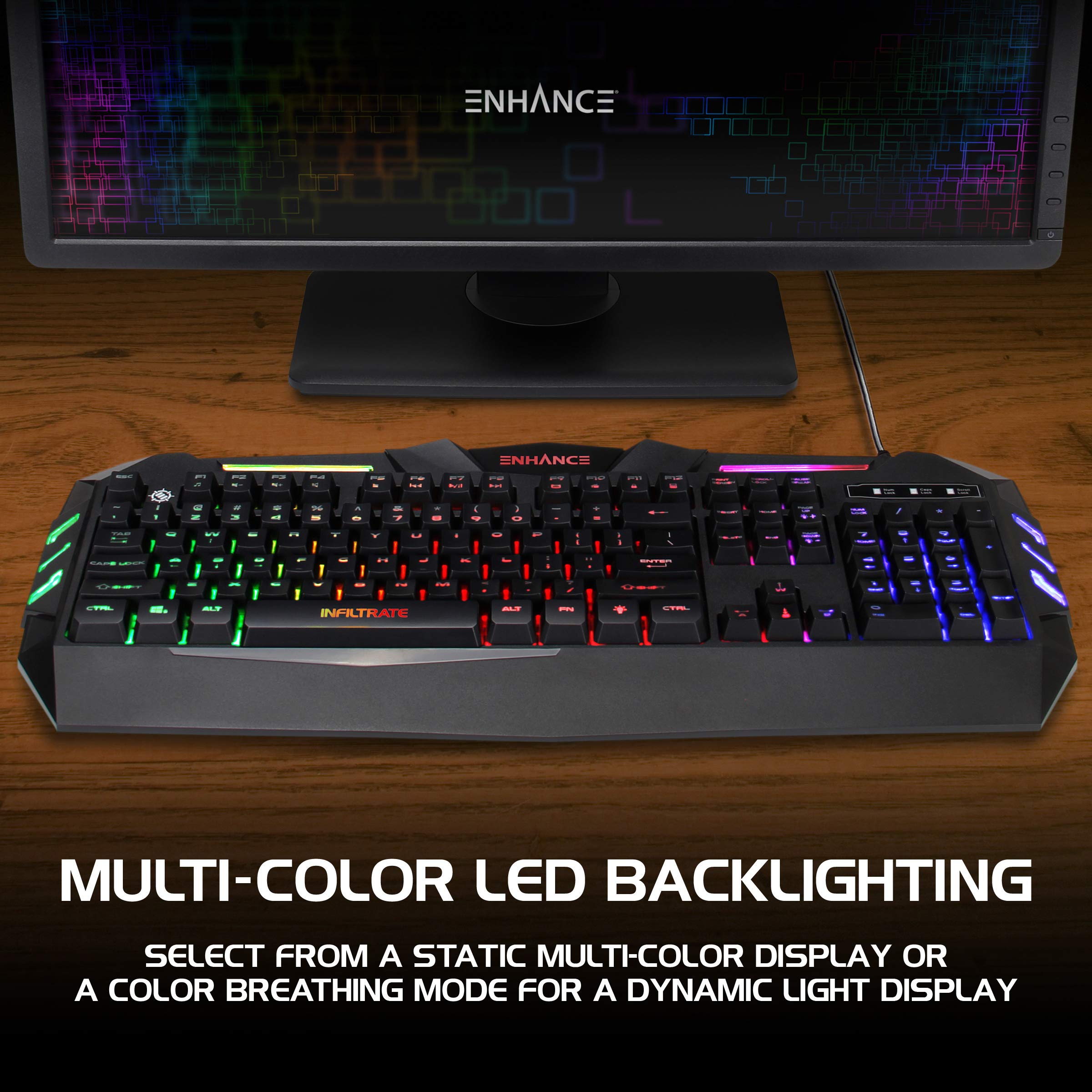 ENHANCE Infiltrate KL1 LED Gaming Keyboard - Multi Color Backlit Keyboard with 2 Lighting Modes, Spill Resistant Design, USB Braided Cable - 19 Key Rollover, Anti-Ghosting, & Multimedia Keys
