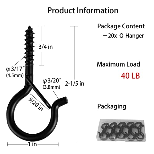 BEHENO 20 PCS Black Screw Hooks and 24 PCS White Screw Hooks, Safety Buckle Design, Easy Release