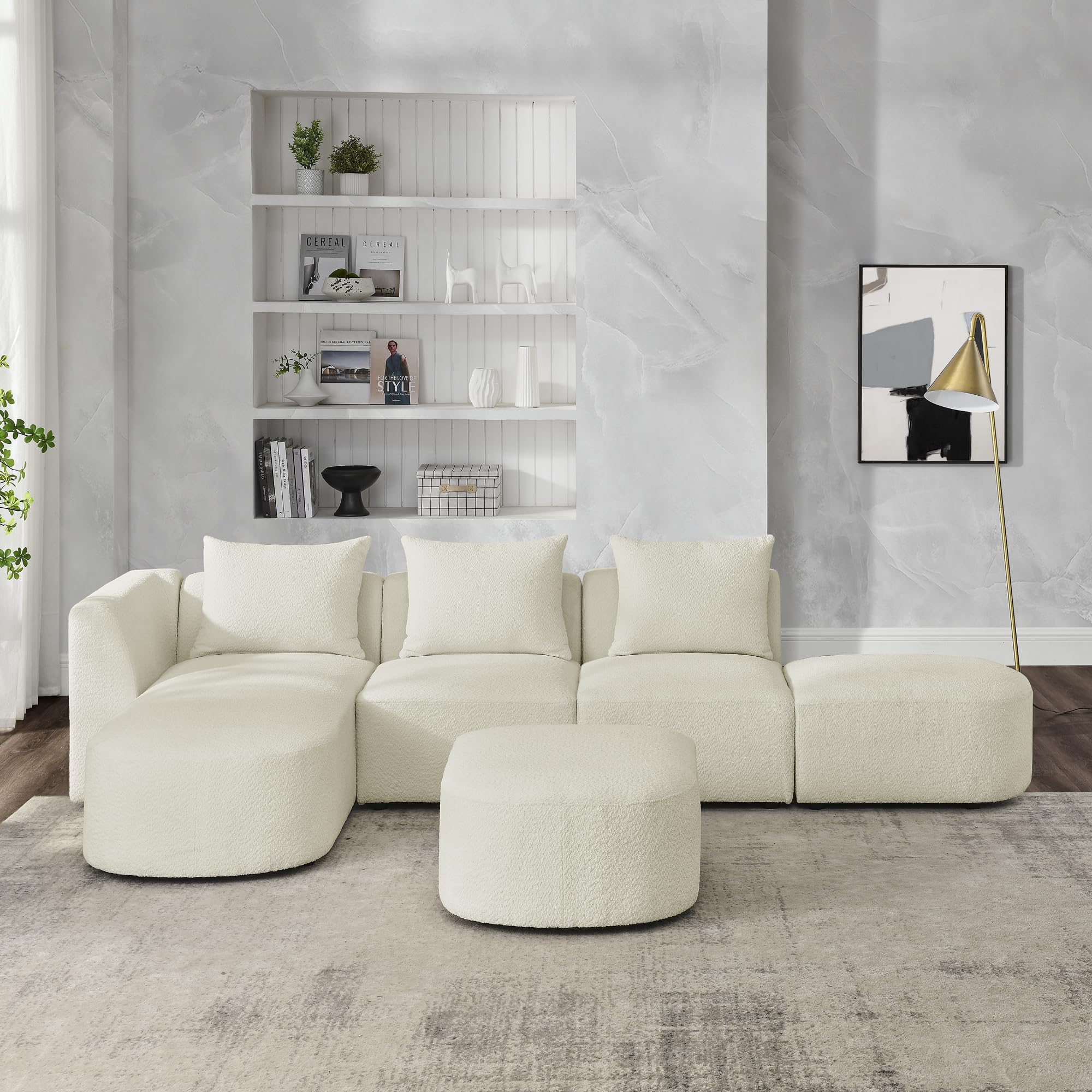ACQCA 125" Modular Sectional Sofa, Modern Minimalist Style Couch with Pillows for Living Room, Salon, 2 PC Free Combination, Boucle Fabric, Light Brown