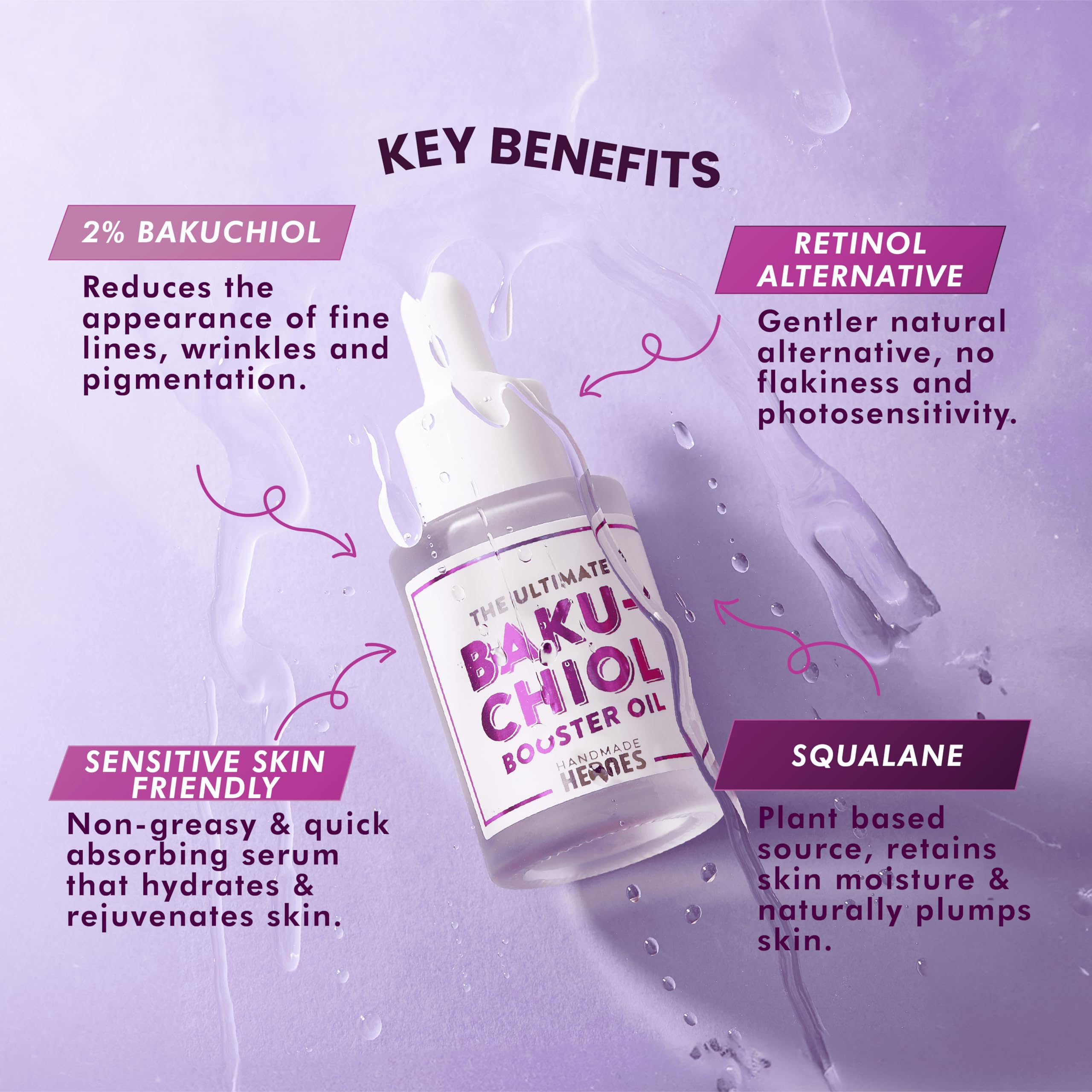 Handmade Heroes 2% Bakuchiol Booster Oil with Sugarcane Squalane, All Natural Retinol Alternative For Radiant and Line Smoothing 0.75oz