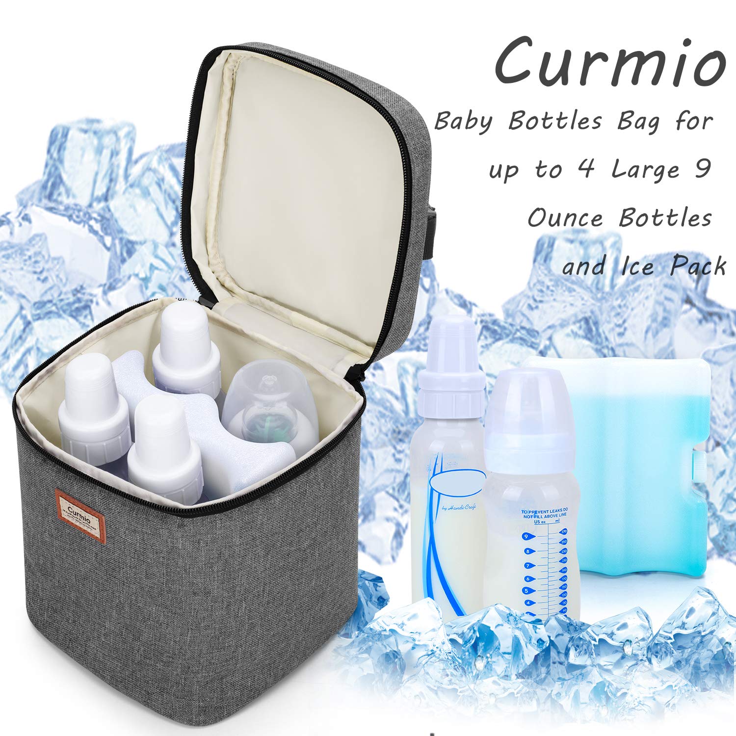 CURMIO Baby Bottles Cooler Bag with Ice Pack for 4 Bottles, up to 9 oz/270ml, Insulated Breastmilk Cooler and Ice Pack for Daycare Travel Nursing Mom, Grey