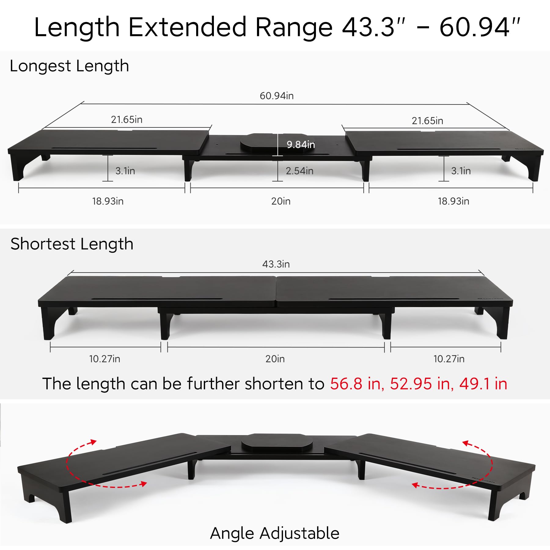 Nnewvante Monitor Stand Riser, 60 inch Large Bamboo Dual Monitor Stand for Desk, 3 Shelves Desktop Screen Riser with Adjustable Length Angle for Computer Laptop PC,Black
