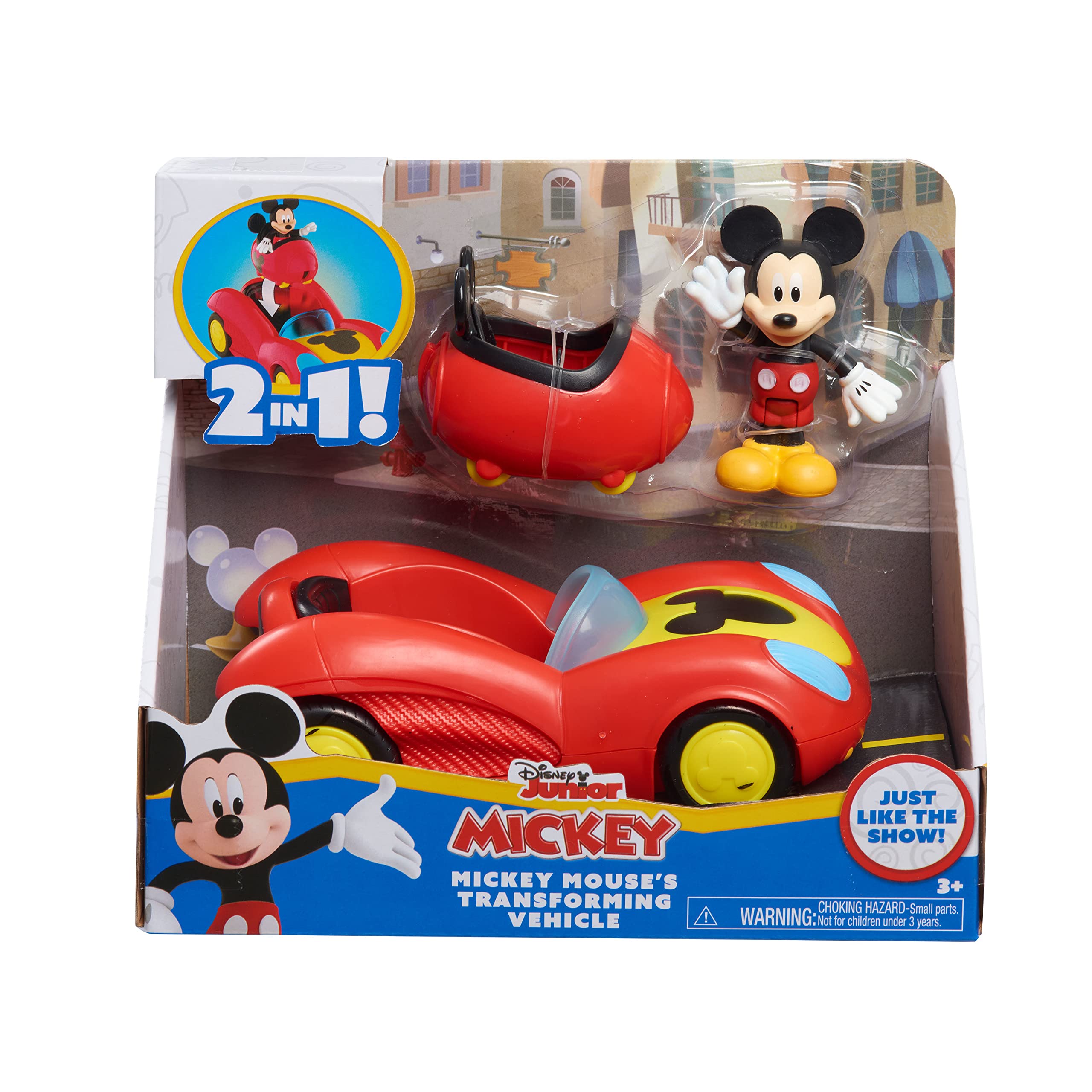 Disney Junior Mickey Mouse Funhouse Transforming Vehicle, Mickey Mouse, Red Toy Car, Preschool, Officially Licensed Kids Toys for Ages 3 Up by Just Play