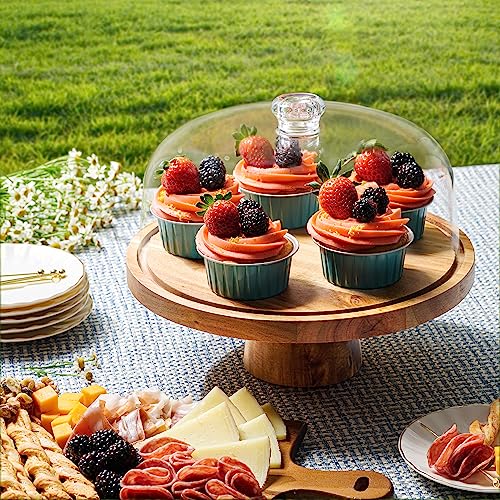 Cake Stand with Acrylic Dome Lid 2-in-1 Multifunctional Round Shatterproof Dessert Table Display Set with Acacia Wood Serving Platter, Veggie Tray, Fruit Bowl, Donut Stand, Nachos Plate by Homesphere