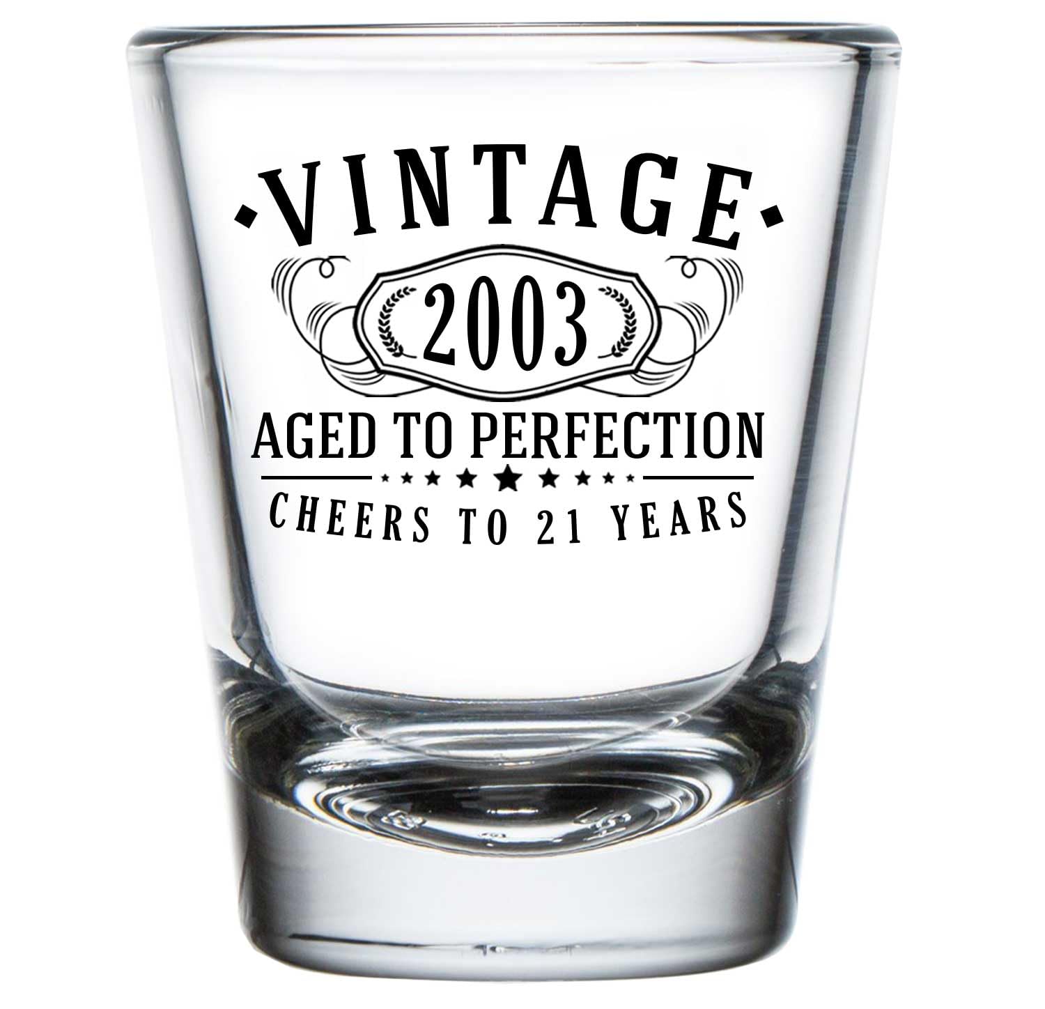 Vintage 2003 Black Printed 1.75oz 1pk Shot Glass - Happy 21st Birthday Gifts Women Men Female, Cheers to 21 Years, Turning 21 Decorations Decor, Anniversary Bday Party Favors, Best Gift Ideas 1.0