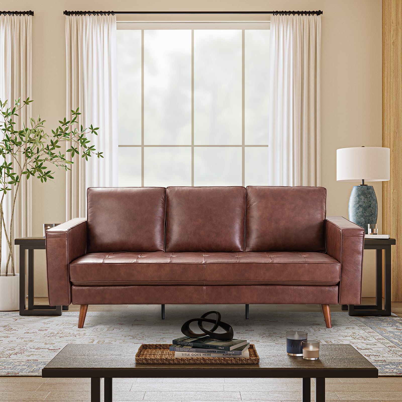 HULALA HOME 82" W Genuine Leather Sofa for Living Room, Contemporary Sofa 3 Seater Sofa ,Tufted Leather Couch with Solid Wood Legs,Navy