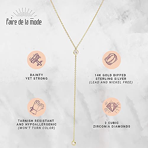 Dainty Drop Gold and Sterling Silver Adjustable Lariat Necklace for Women with Diamond, Simple Y Necklace Choker (Gold, Double CZ Lariat)