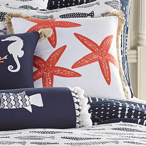 Levtex Home - Bakio - Decorative Pillow (18X18in.) - Embroidered Starfish in Coral and White - Coral and White with Taupe Fringe