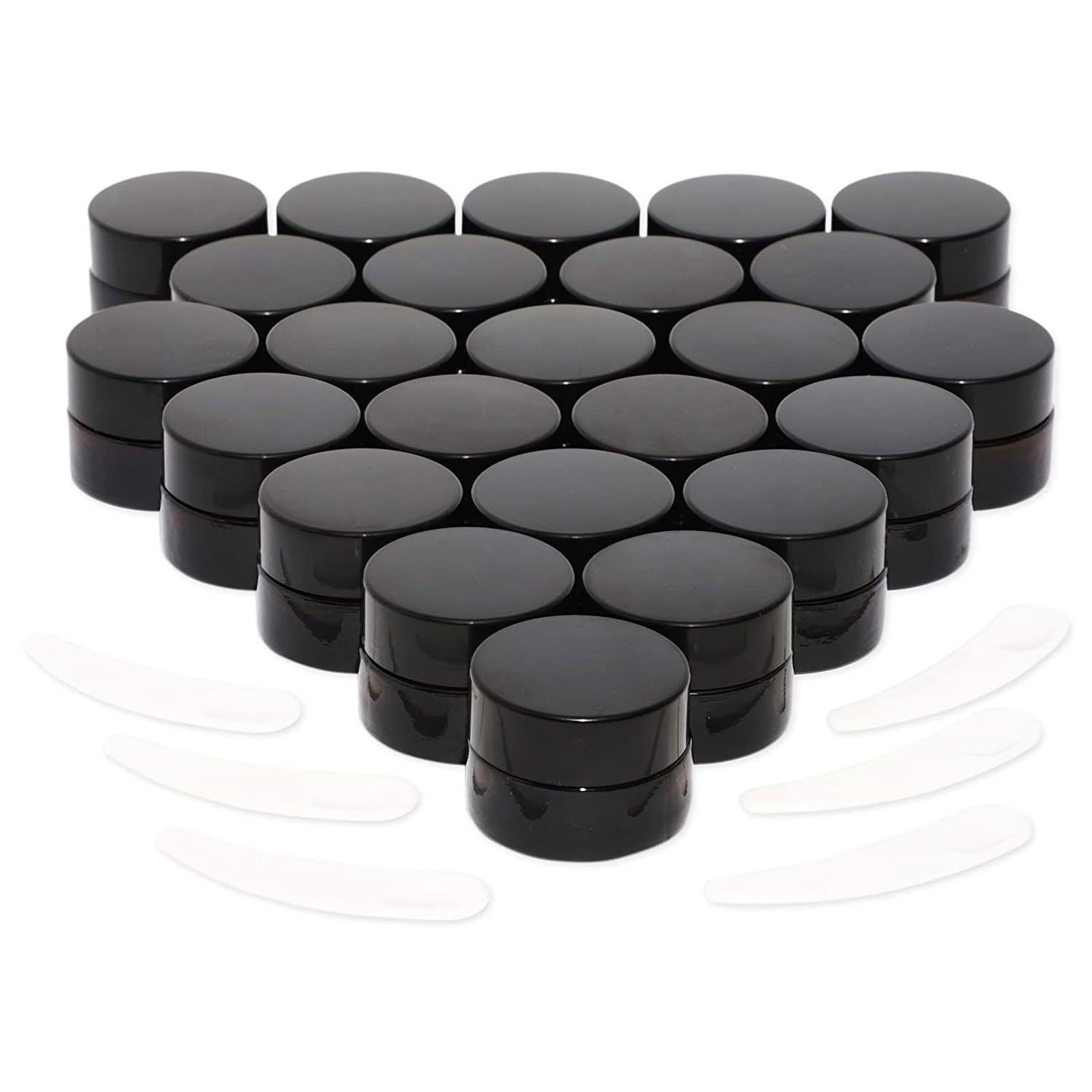 Juvale 5ml Amber Glass Jars with Lids and 6 Spatulas for Beauty Product Samples, Lip Balm, Lotion, Essential Oils, Face Creams (1.4 x 1 In, 24 Pack)