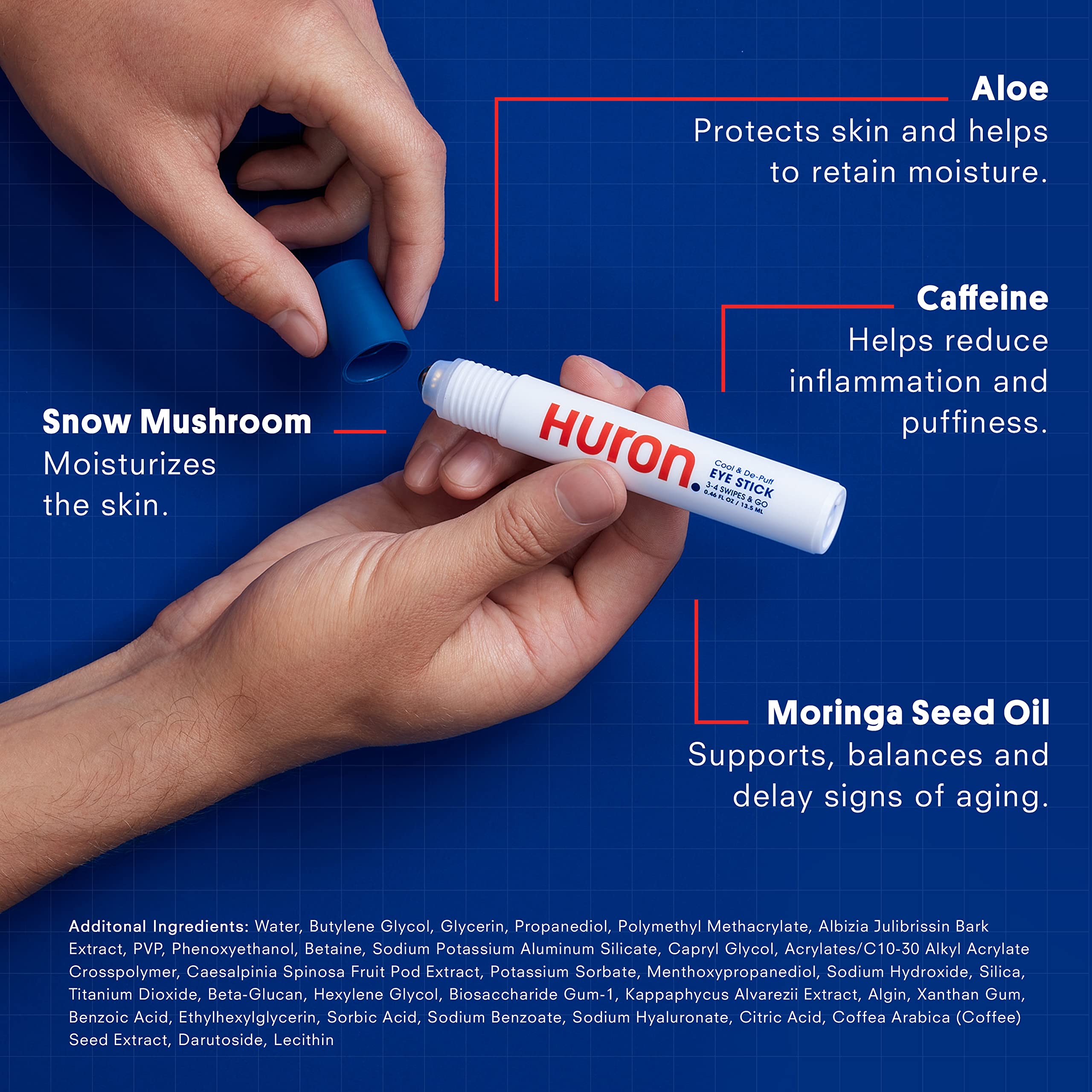 Huron Eye Stick - Under Eye Roller for Puffy Eyes, Dark Circles, & Fine Lines - Refreshes, Energizes, & Moisturizes on Contact - Fragrance-Free - Vegan, Cruelty-Free, Made in the USA