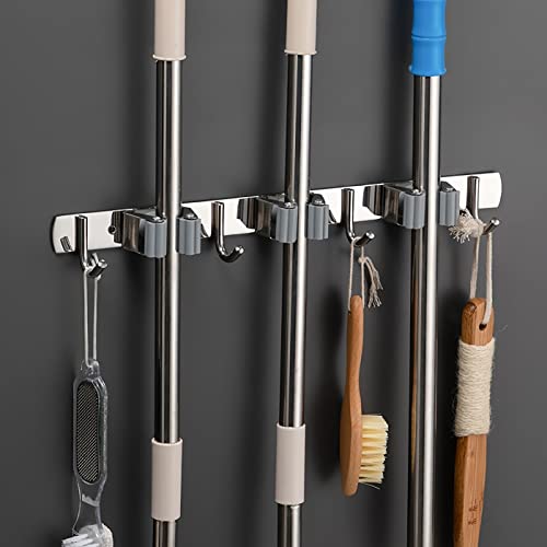 4 Racks With 5 Hooks, Silver Broom Holder Mop Hanger Garden Kitchen Tool Organizer 4 Racks, Wall Mounted