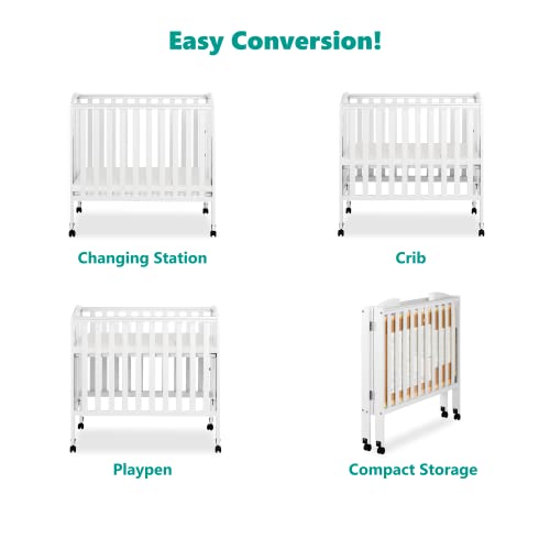 Dream On Me 3 in 1 Portable Folding Stationary Side Crib in White, Greenguard Gold Certified, Safety Wheel with Locking Casters, Convertible, 3 Mattress Heights