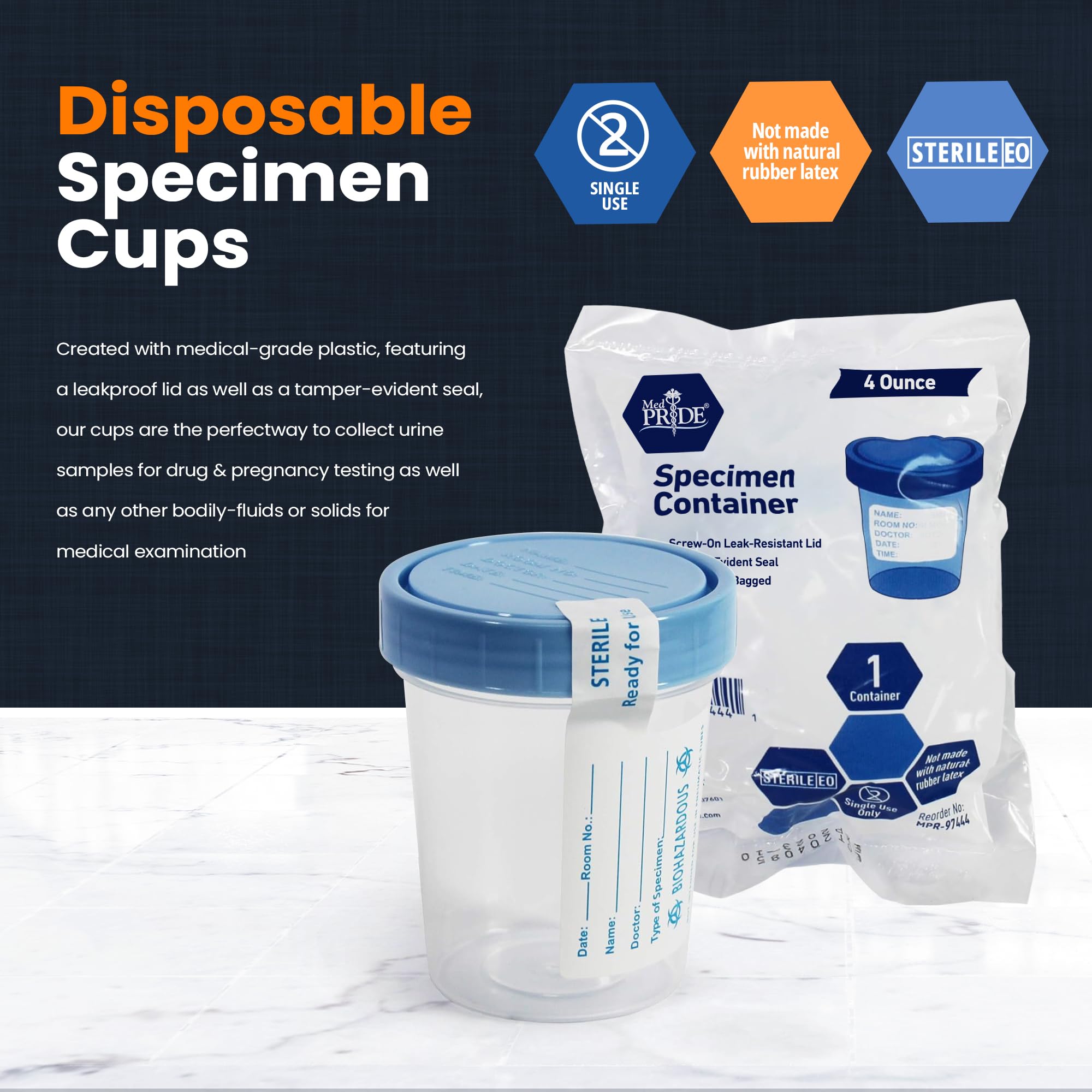 MED PRIDE Disposable Specimen Cups 10-Pack| High-Grade Silicone, Sterile, Individually Wrapped Medical Cups W/Leakproof, Screw-On Lids & Tamper-Evident Seal| Urine, Fluid Sample Collection & More