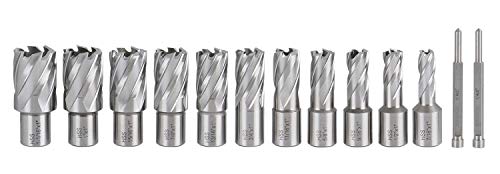 Accusize Industrial Tools 13 Pc 7/16'' to 1-1/16'' Hss Annular Cutters, 1'' Cutting Depth, 3/4'' Weldon Shank, with 2 Pilot Pins, Strong Box, N10