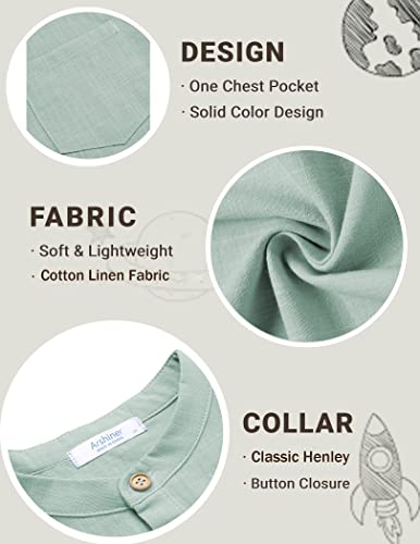 Arshiner Boys Cotton Linen Henley Button Down Shirt Short Sleeve Casual Dress Beach T Shirts with Pocket Light Green