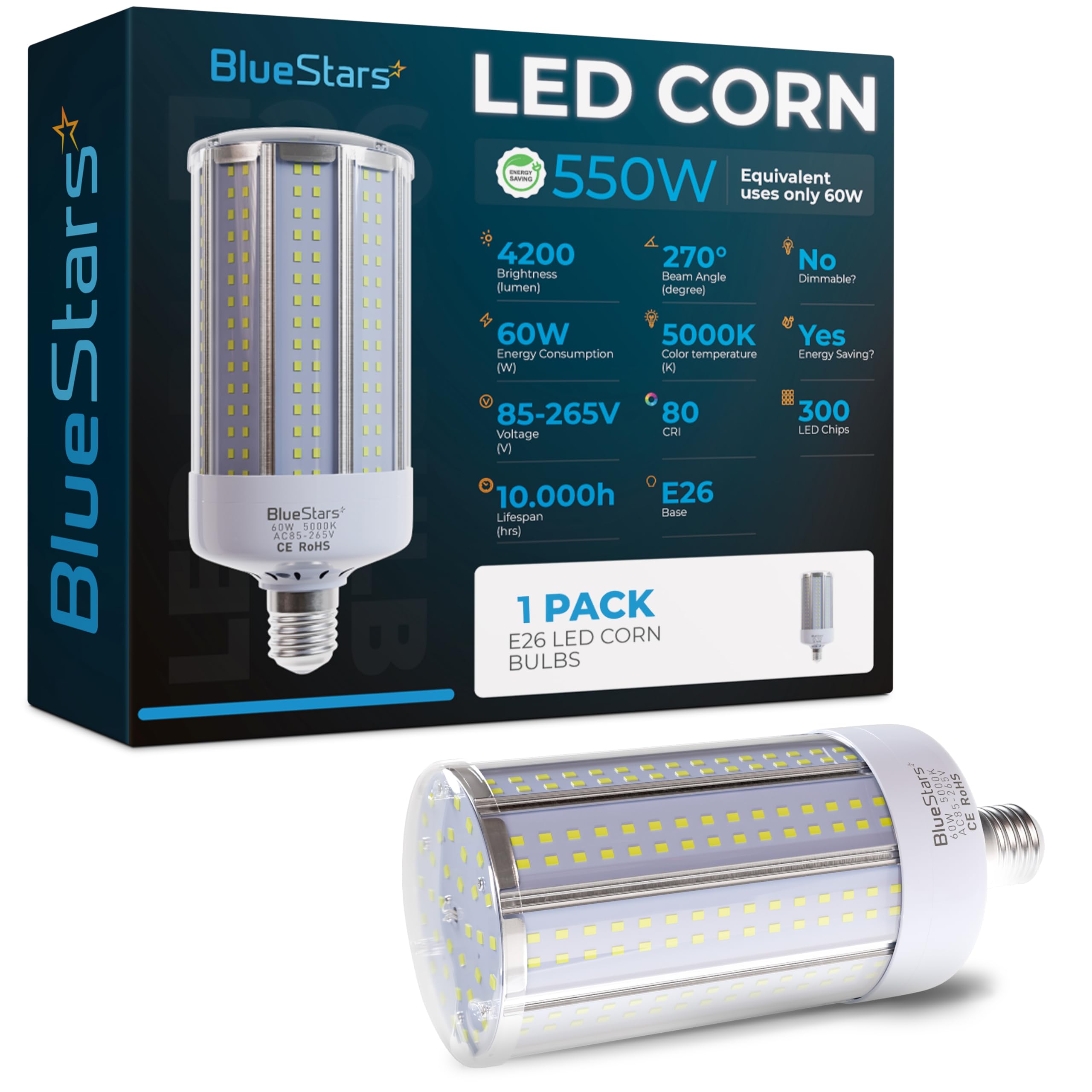 BlueStars Super Bright 60W E26 LED Corn Light Bulbs E26 Medium Base 4200 Lumens (550W Equivalent) Cool White 5000K, for Homes, Outdoors, Commercial, Warehouses, Garage & Backyard Lighting