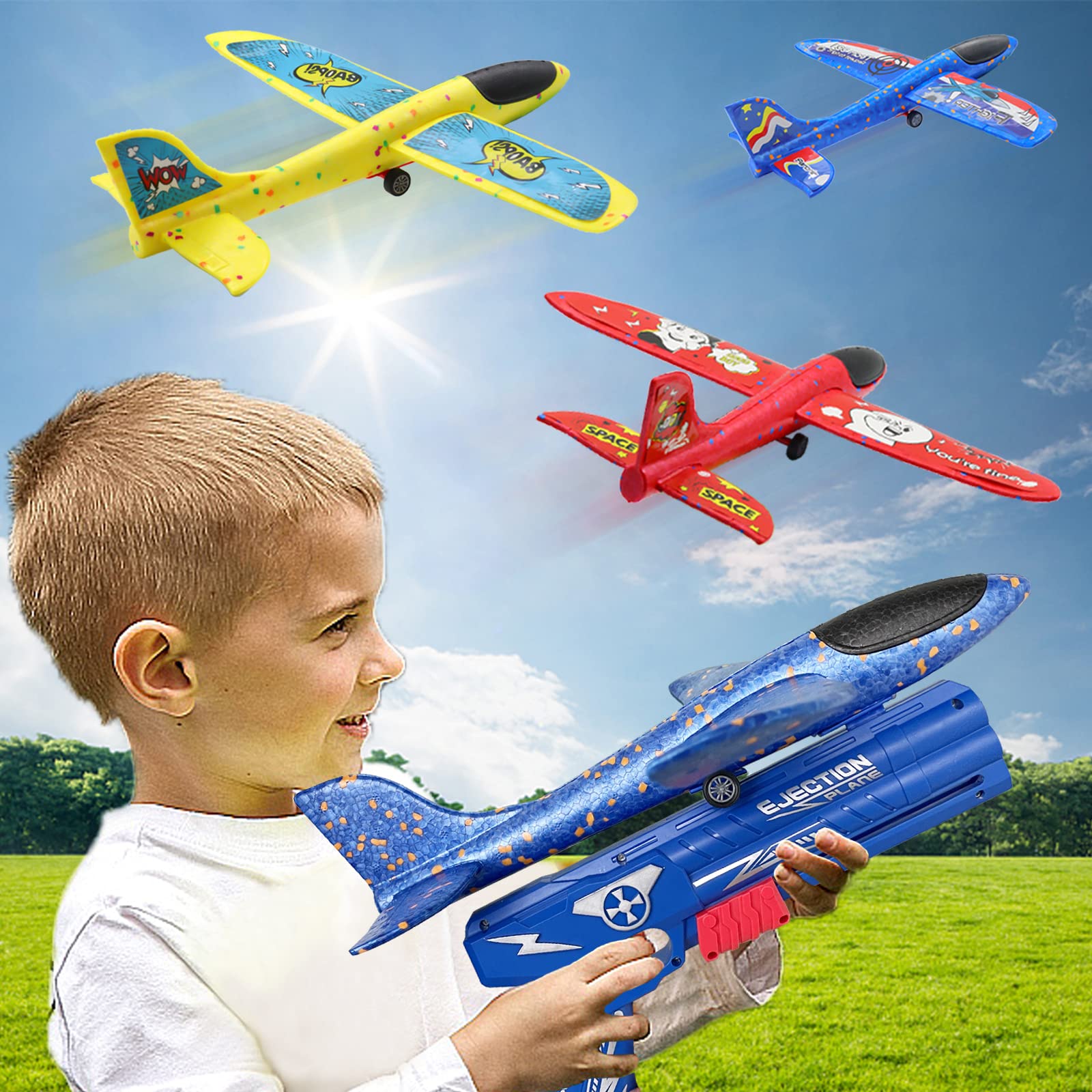 GNAlGNAt 3 Pack Foam Airplane Launcher Toys, Boys Outside Outdoor Flying Toys Birthday Gift for Kids Age 3+ 4 5 6 7 8 9 10 11 12 Year Old Boys Glider Plane Party Supplies with 3 Set of Stickers