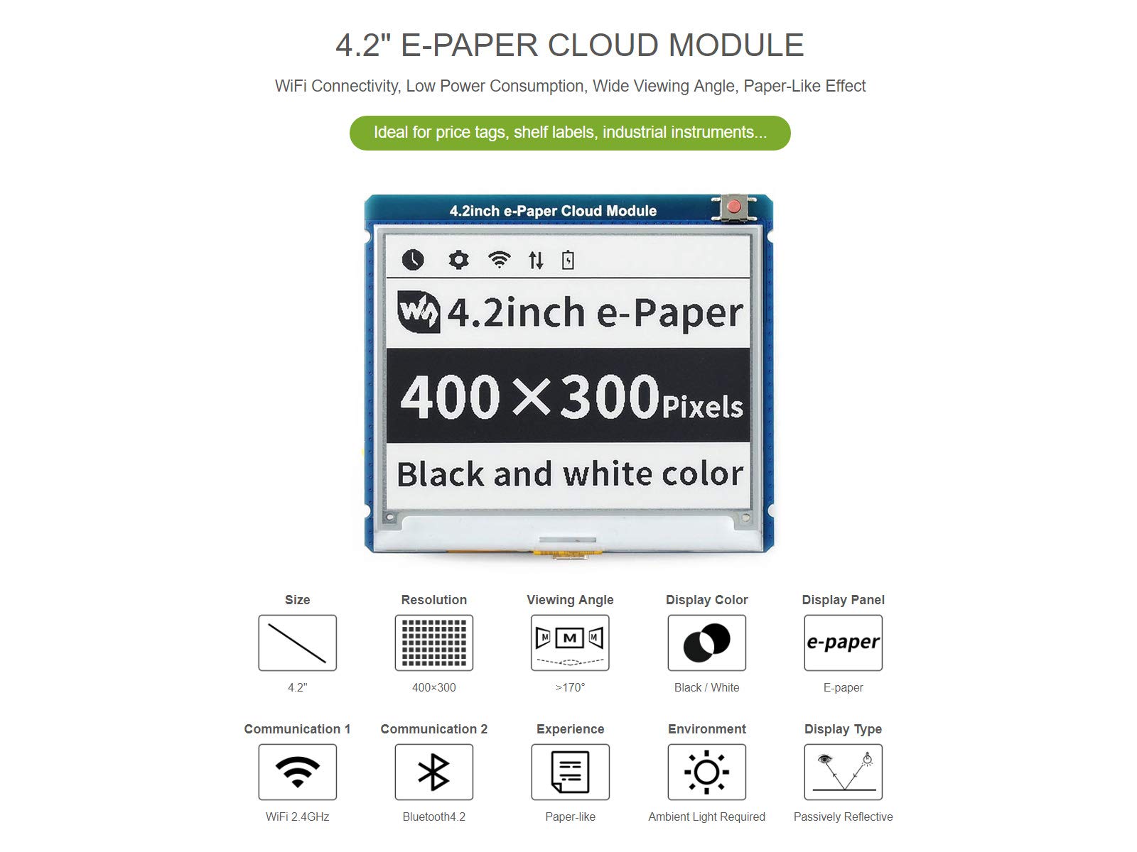 waveshare 4.2inch E-Paper Cloud Module 400ร300 Pixels with Low Power Consumption WiFi Connectivity Wide Viewing Angle