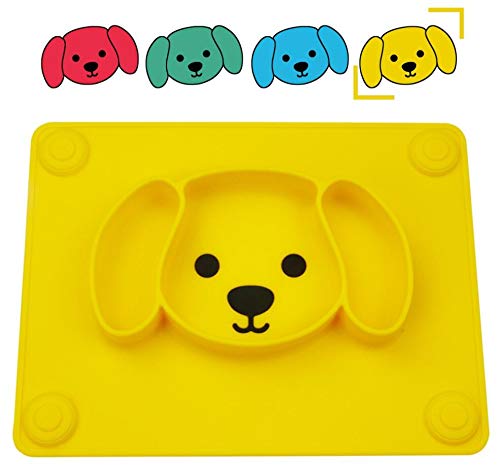 Qshare Toddler Plate, Portable Baby Plates for Toddlers and Kids, BPA-Free Strong Suction Plates for Toddlers, Dishwasher & Microwave Safe Silicone Placemat 11x8x1 inch (3Puppy-Yellow)