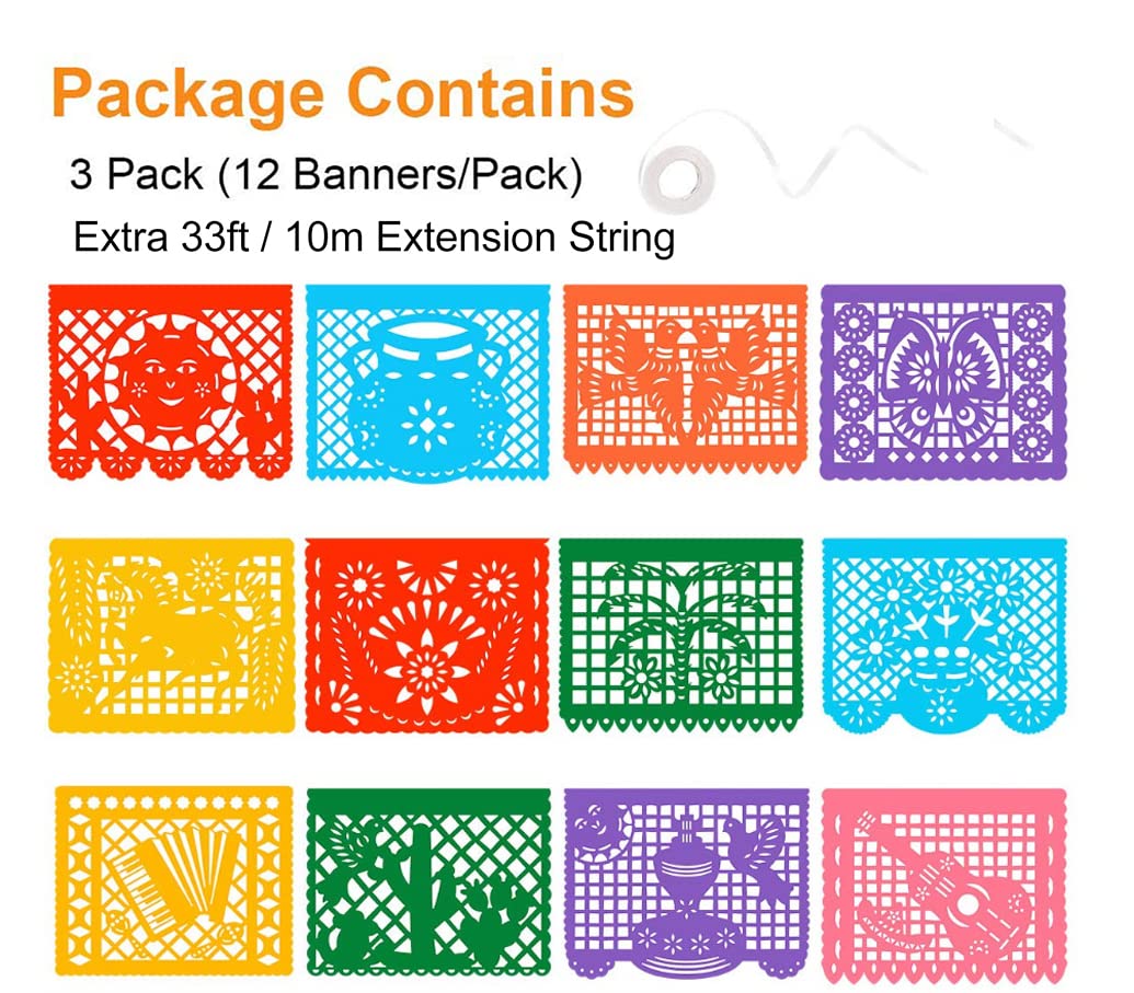 3 Packs Mexican Banners, 66 Ft(22ft x 3) Papel Picado Banner, Large Plastic Mexican Fiesta Banners Cinco de Mayo Party Fiesta Decorations Mexican Themed Birthday Party Supplies 12 Patterns with String