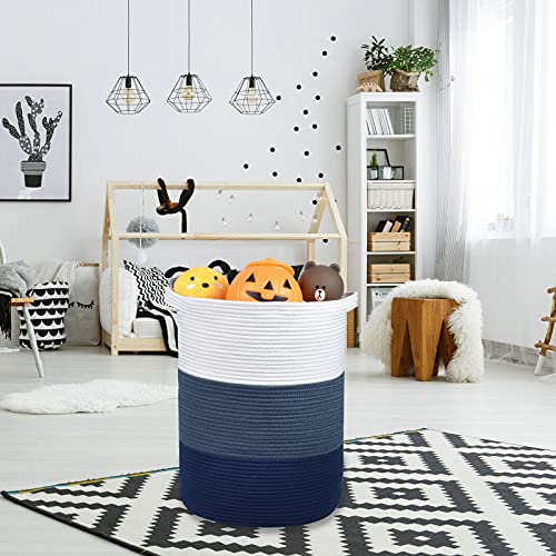 BOSROTY Extra Large Blanket Basket, Tall Laundry Basket, Laundry Hamper, Large Storage Basket, 15.7βx 21.7β,Cotton Rope Basket, Woven Basket, Toy Basket, Clothes Baskets, White&Cadet Blue&Navy Blue