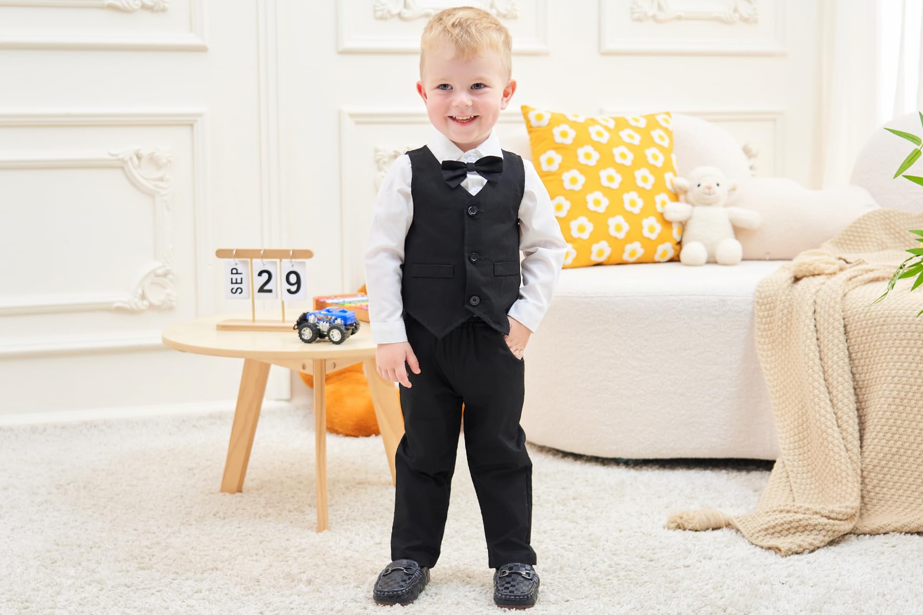 Toddler Boy Clothes Suit Gentleman Wedding Outfits, Formal Dress Shirt+Bowtie+Vest+Pants, US 18-24 Months = Tag 90