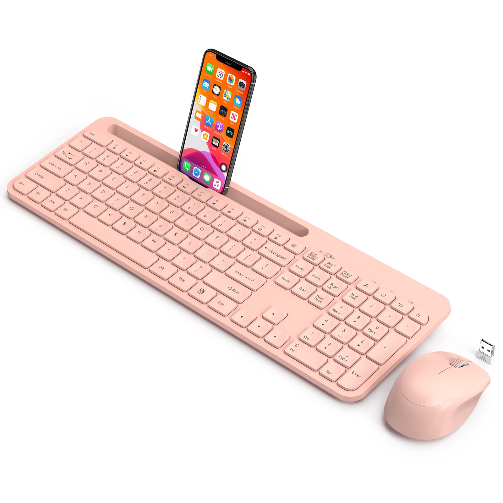 Wireless Keyboard and Mouse Combo, WisFox 2.4G USB Wireless Ergonomic with Phone Holder, Full-Size Keyboard and Mouse Set for Computer, Laptop and Desktop(Pink)