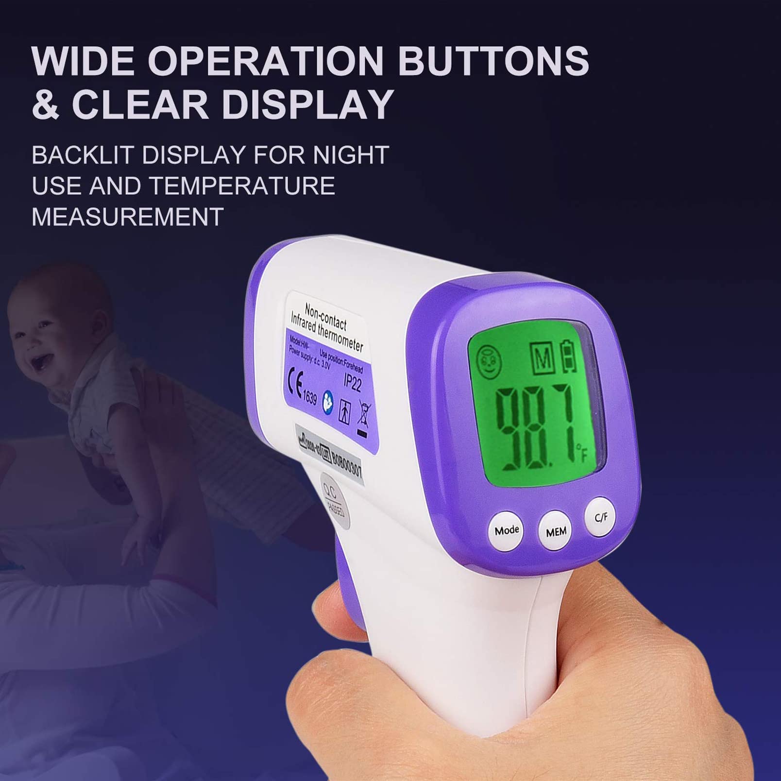 HUHETA Infrared Thermometer for Adults, Non Contact Forehead Thermometer with Fever Alarm, Accurate Reading and Memory Function, Body Temperature & Surface of Objects Use (Purple)