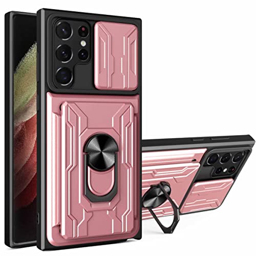 CCSmall Case for Samsung Galaxy S22 Ultra (Not S22) with Card Holder, Heavy Duty Protection Phone Case with Magnetic Ring Kickstand Slide Camera Cover for Samsung Galaxy S22 Ultra LJK Rose Gold