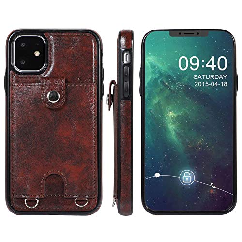 Jaorty PU Leather Wallet Case for iPhone 11 Necklace Lanyard Case Cover with Card Holder Adjustable Detachable Anti-Lost Neck Strap for Apple iPhone 11 6.1",Brown