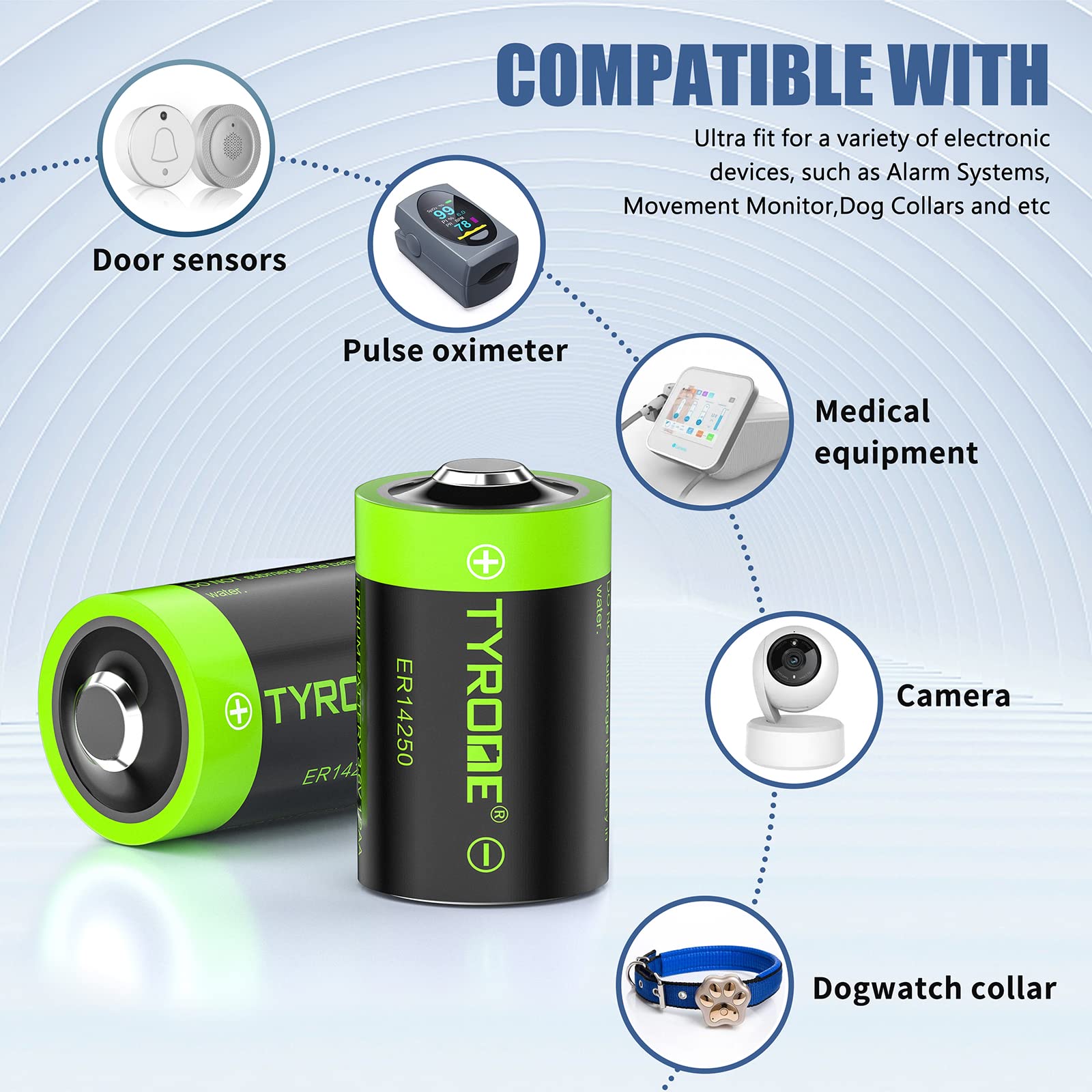tyrone ER14250 1/2AA 3.6v Lithium Battery LS14250 1200 mAh 1/2aa Batteries Compatible with Dogwatch Dog Collar Meter Sensor/Movement Monitor/Home Security/Alarm System [ Value Packing ][ 16 Pack ]