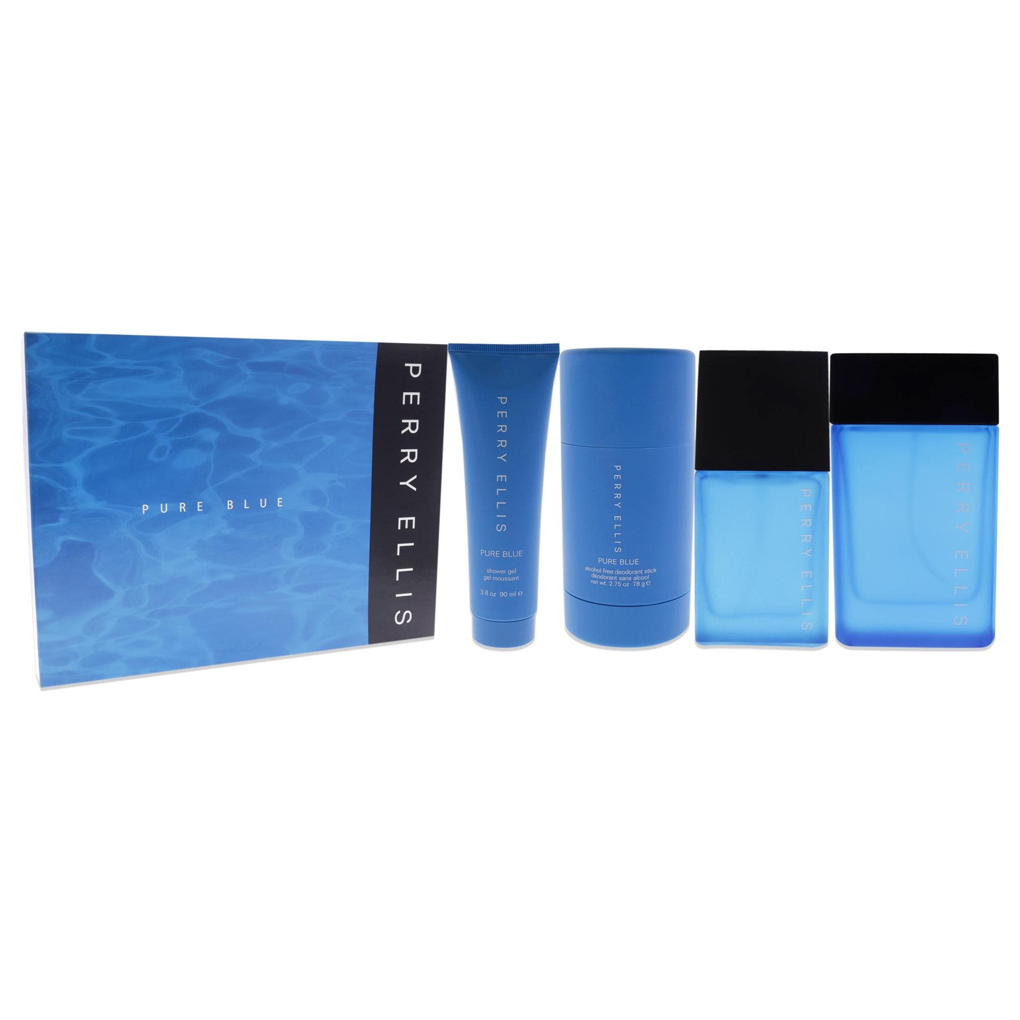 Perry Ellis Perry Ellis Pure Blue Men 3.4oz EDT Spray, 3oz Shower Gel, 2.75oz Deodorant Stick, 7.5ml Travel EDT Spray 4 Pc Set