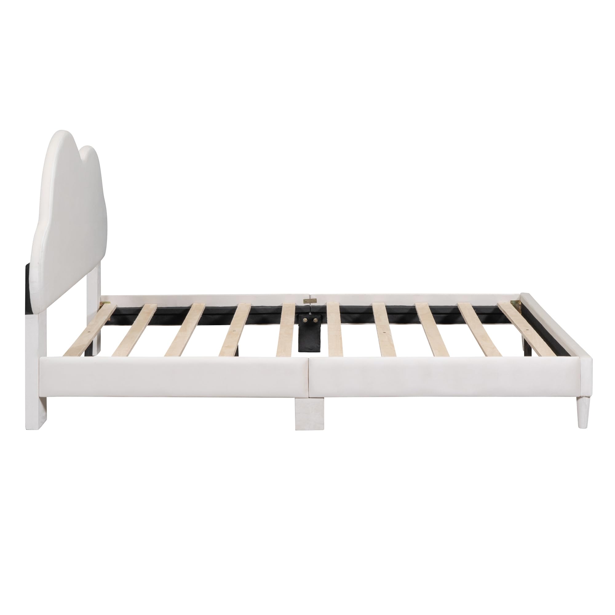 SOFTSEA Kids Upholstered Full Bed, Cute Platform Bed with Cloud-Shape Headboard, Velvet Upholstered Princess Bed for Girls Boys, No Box Spring Needed (Beige)
