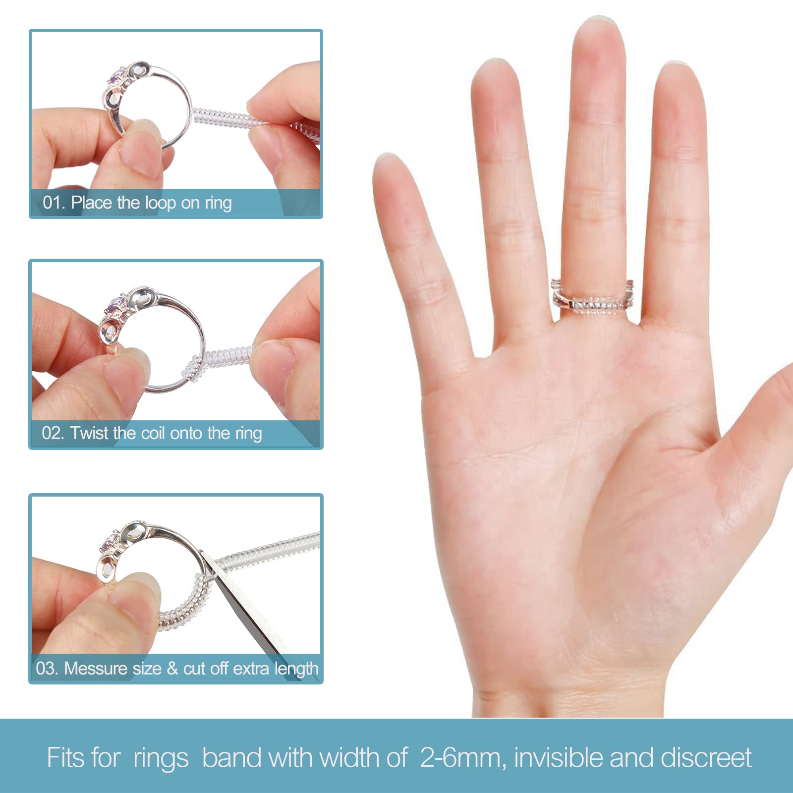 Ring Size Adjuster for Loose Rings, 12 Pack 4 Sizes Any Sizer, Invisible Guards Women and Men, Resizer, Spiral Silicone Tightener Set with Polishing Cloth by Ottemax