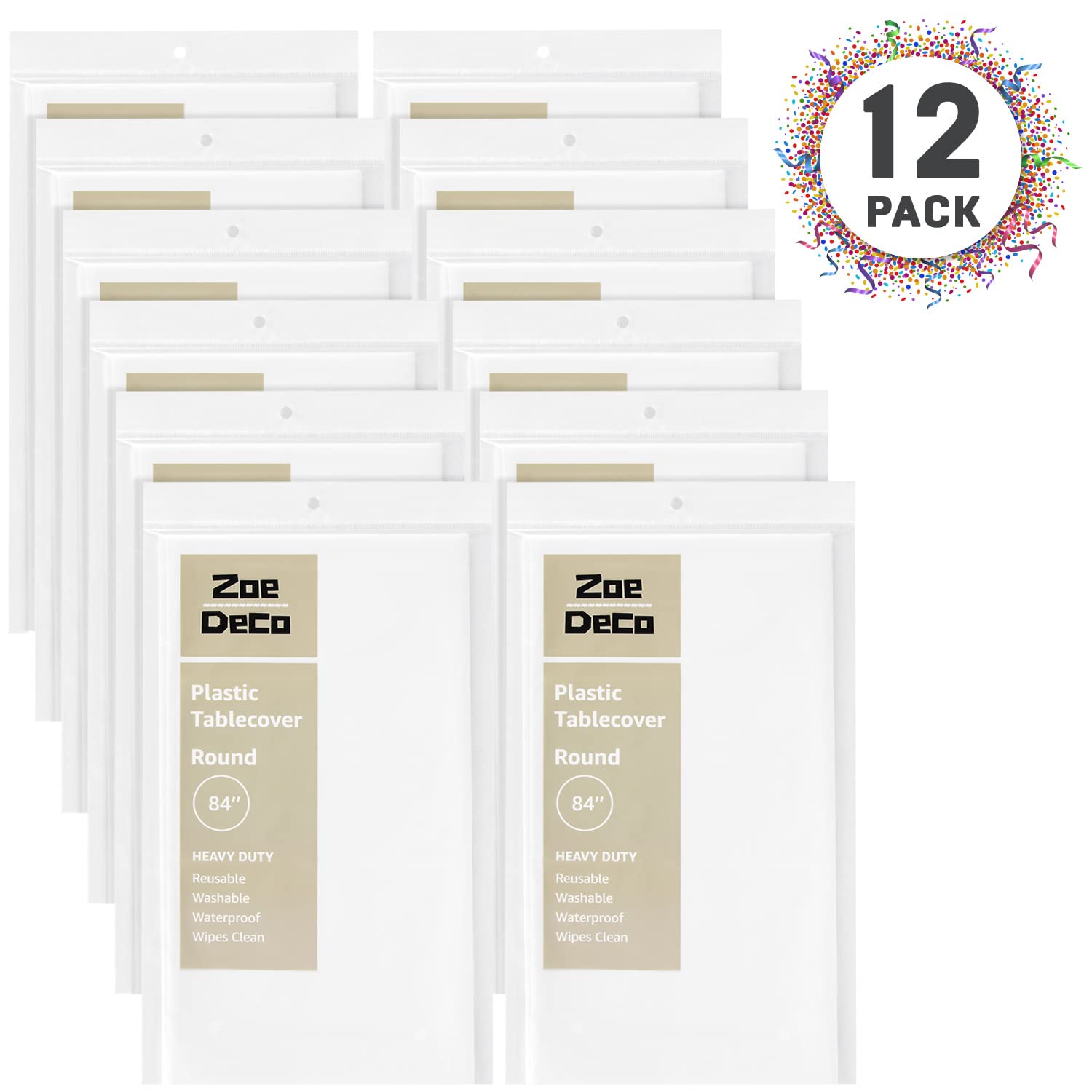 Zoe Deco Plastic Tablecloth (12 Pack, 84" Diameter, Round White Table Cloth), Disposable Table Covers for Parties, Graduations & Picnics, Table Protectors