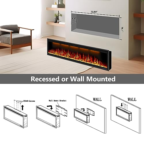 Benrocks 74'' Slim Electric Fireplace Inserts - WiFi-Enabled, Alexa & App Control, Recessed & Wall Mounted, 13 * 13 * 3 Flame Color Combinations, 750W/1500W, Black
