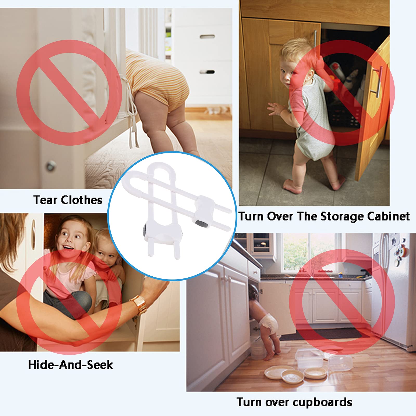Sliding Cabinet Locks, Child Safety Locks U-Shaped Adjustable Child Proof Locks Multi-Purpose Latches for Drawers Closets Refrigerators Storage Doors Knobs Handles, 4PCS