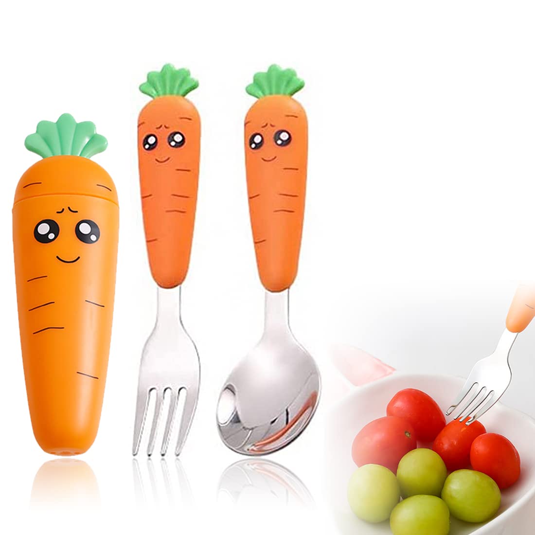 Travel Cutlery Set Baby With Case, 2 PCS Toddler Utensils, Kids Spoon And Fork Self-Feeding, Carrot Child Flatware Sets, Stainless Steel Fun Baby Silverware