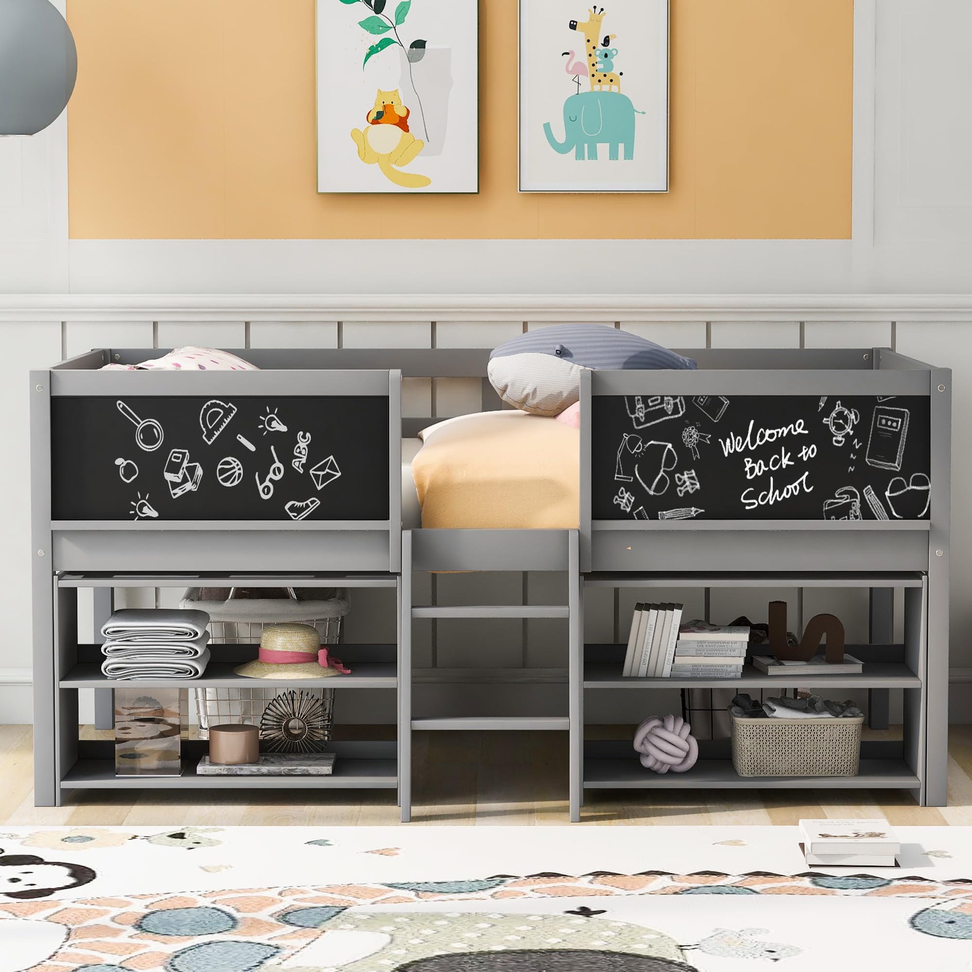 Low Loft Bed with 2 Movable Storage Shelves, Twin Size Bed Frame with Chalkboard and Ladder, Wood Loft Daybed for Kids, Boys, Girls, Teens, No Spring Box Required, Gray