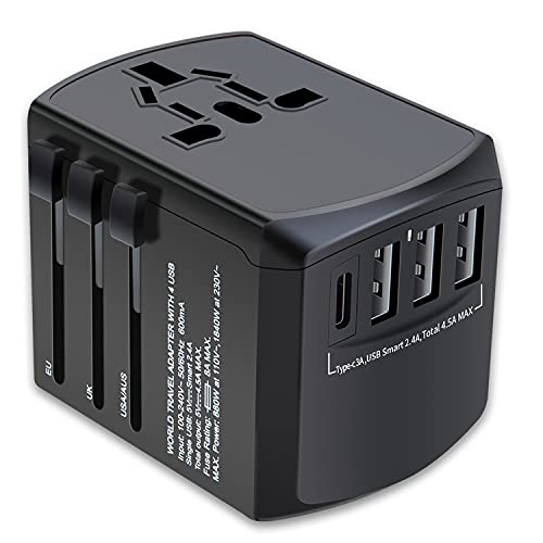 ZGGCD Travel Adapter, International Power Adapter, Universal Plug Adaptor with 3 USB & USB Type-C Port, High Speed 4.5A Worldwide Wall Charger, All in One AC Socket for USA UK AUS EU Asia Phone Laptop
