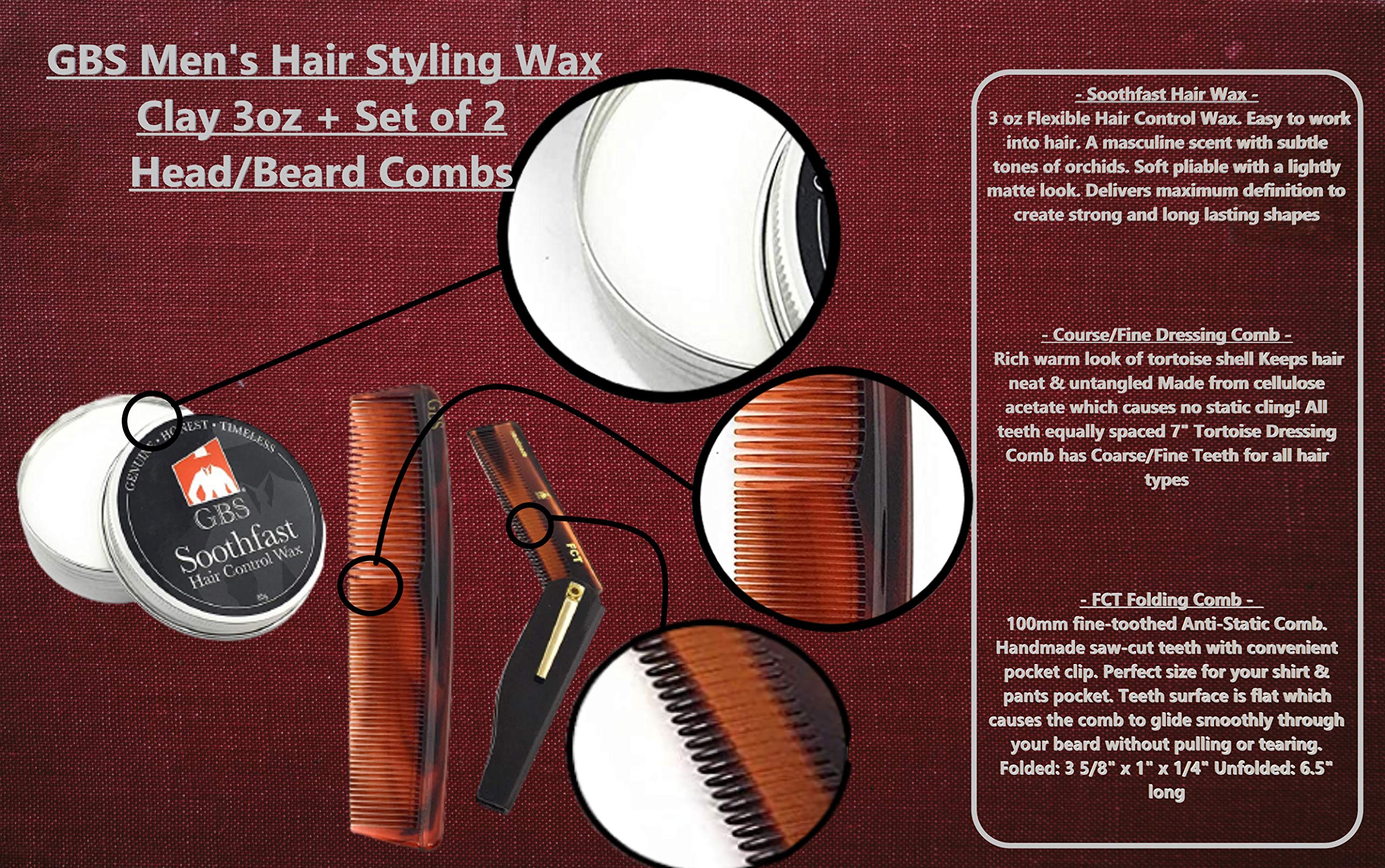 G.B.S Men's All-Natural Hair & Mustache Styling Wax Clay (3oz), Folding Comb & 7in Dressing Comb Bundle
