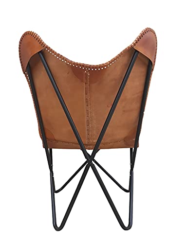 Classy Handmade Leather Living Room Chairs-Butterfly Chair Tan Side Hand Stitch Leather Butterfly Chair-Handmade with Powder Coated Folding Iron Frame (Cover with Folding Frame)