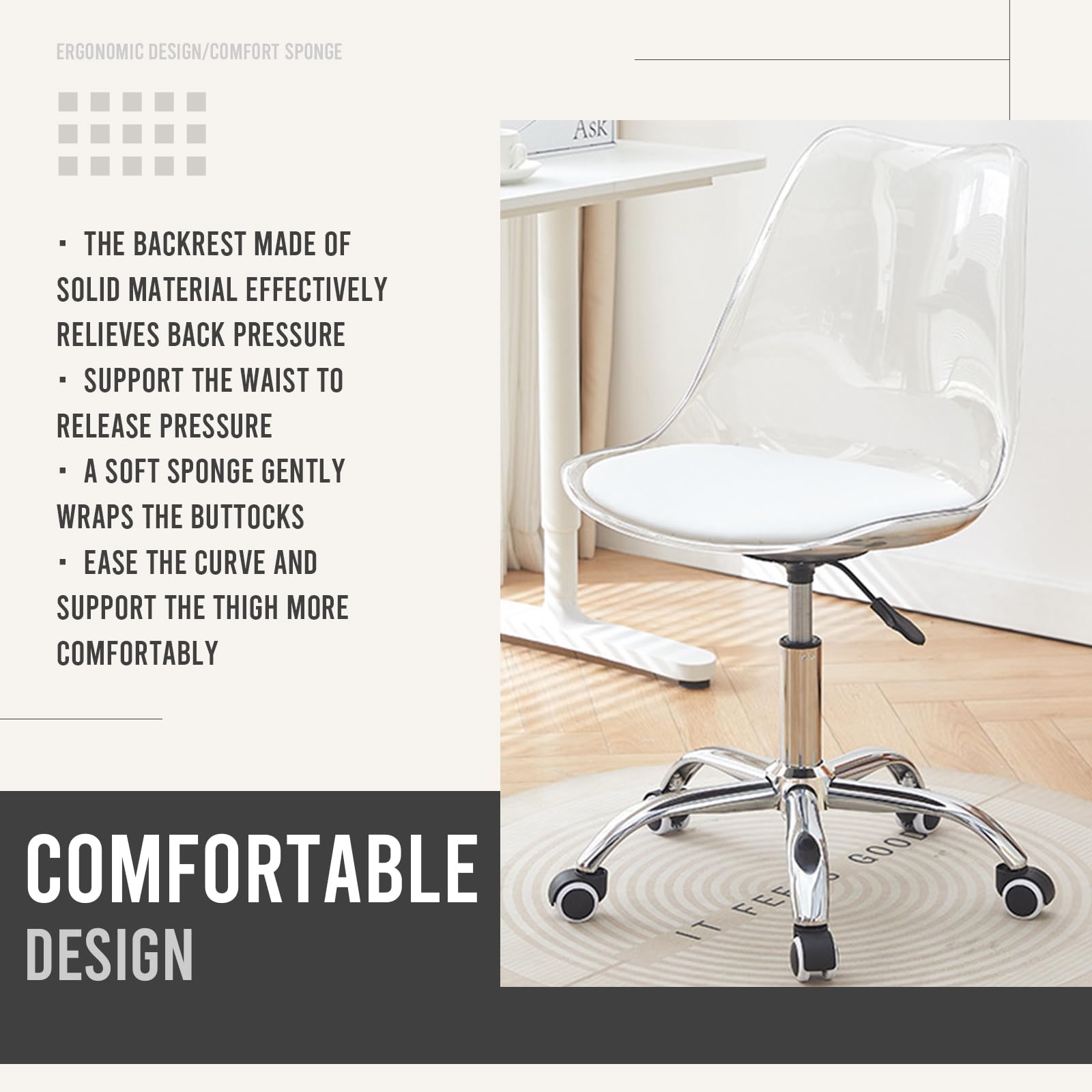 Modern Small Cute Armless Vanity Rolling Chair Adjustable Swive Chair for Office, Home, Make Up, Small Space, Bed Room (Clear)