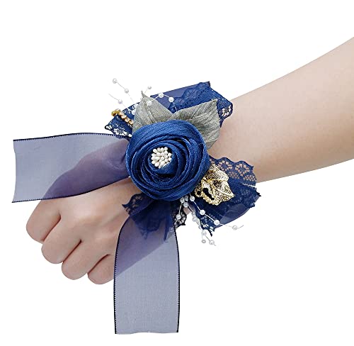 Daovace 2pcs Wrist Corsage Organza Satin Rose Hand Flower with Zircon Peal for Girl Bridesmaid Wedding Party Prom Flower(Navy Blue)