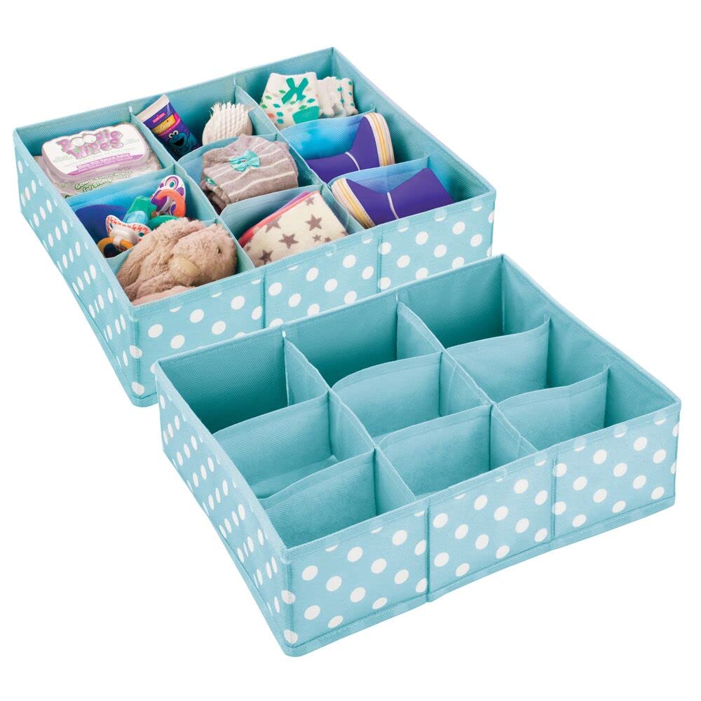 mDesign Soft Fabric 9 Section Dresser Drawer and Closet Storage Organizer for Child/Kids Room, Nursery, Playroom - Divided Large Organizer Bin - Herringbone Print - Turquoise/White - 2 Pack