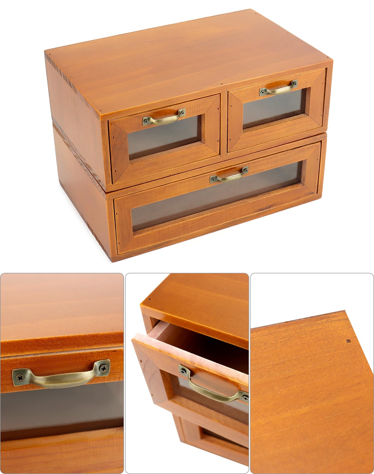 QWORK Wooden Box Organizer, Wood Desktop Storage Cabinet with 3 Drawers, Dark Brown